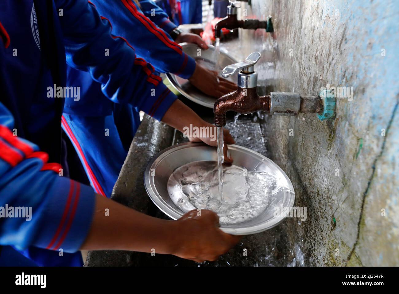 Primary school. Puipils washing plate after lunch in the sink Stock ...