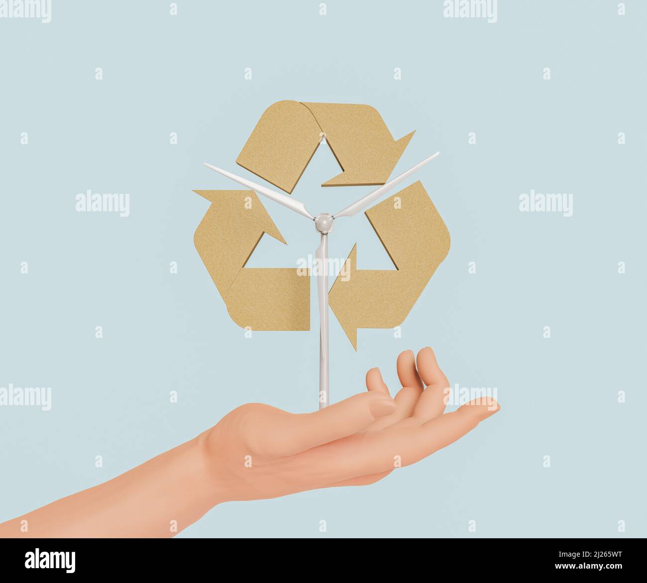 hand holding a wind turbine with the recycling symbol behind it ...