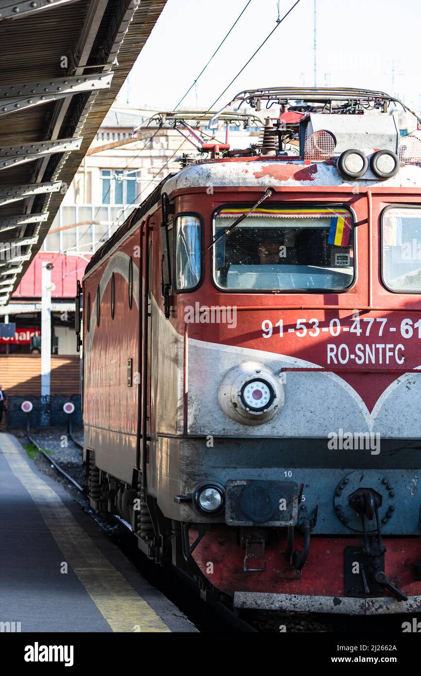 Train in motion or at train platform at Bucharest North Railway Station ...