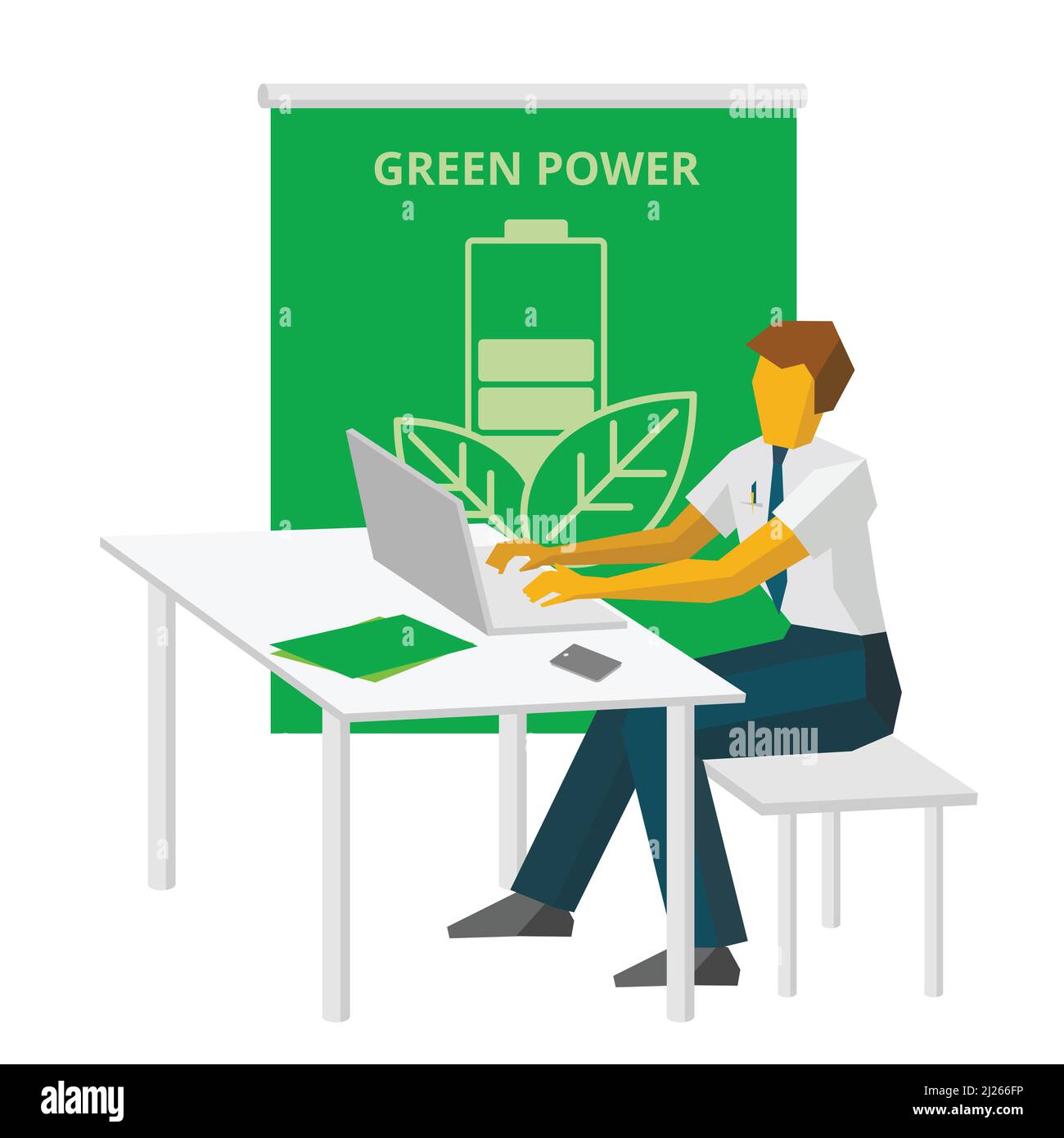 Engineer work with laptop, poster about green power behind Stock Vector ...