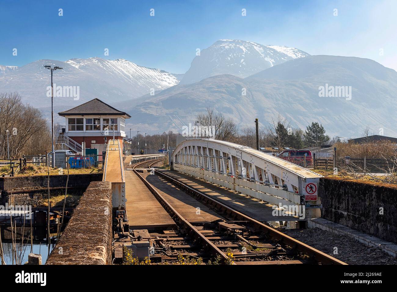 FORT WILLIAM SCOTLAND BANAVIE RAILWAY SWING BRIDGE AND STATION MISTY ...