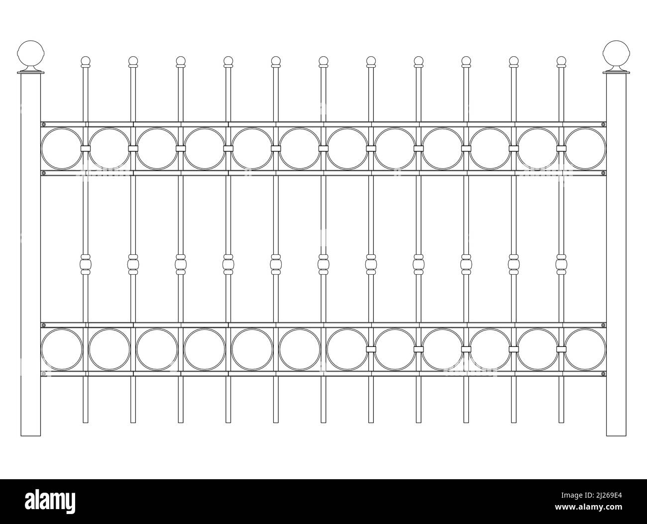 Outline of a detailed metal fence made of black lines isolated on a ...