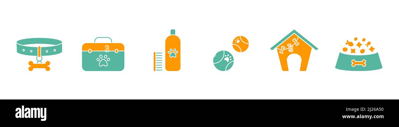 Vector illustration of cartoon pet equipment icons on white background ...