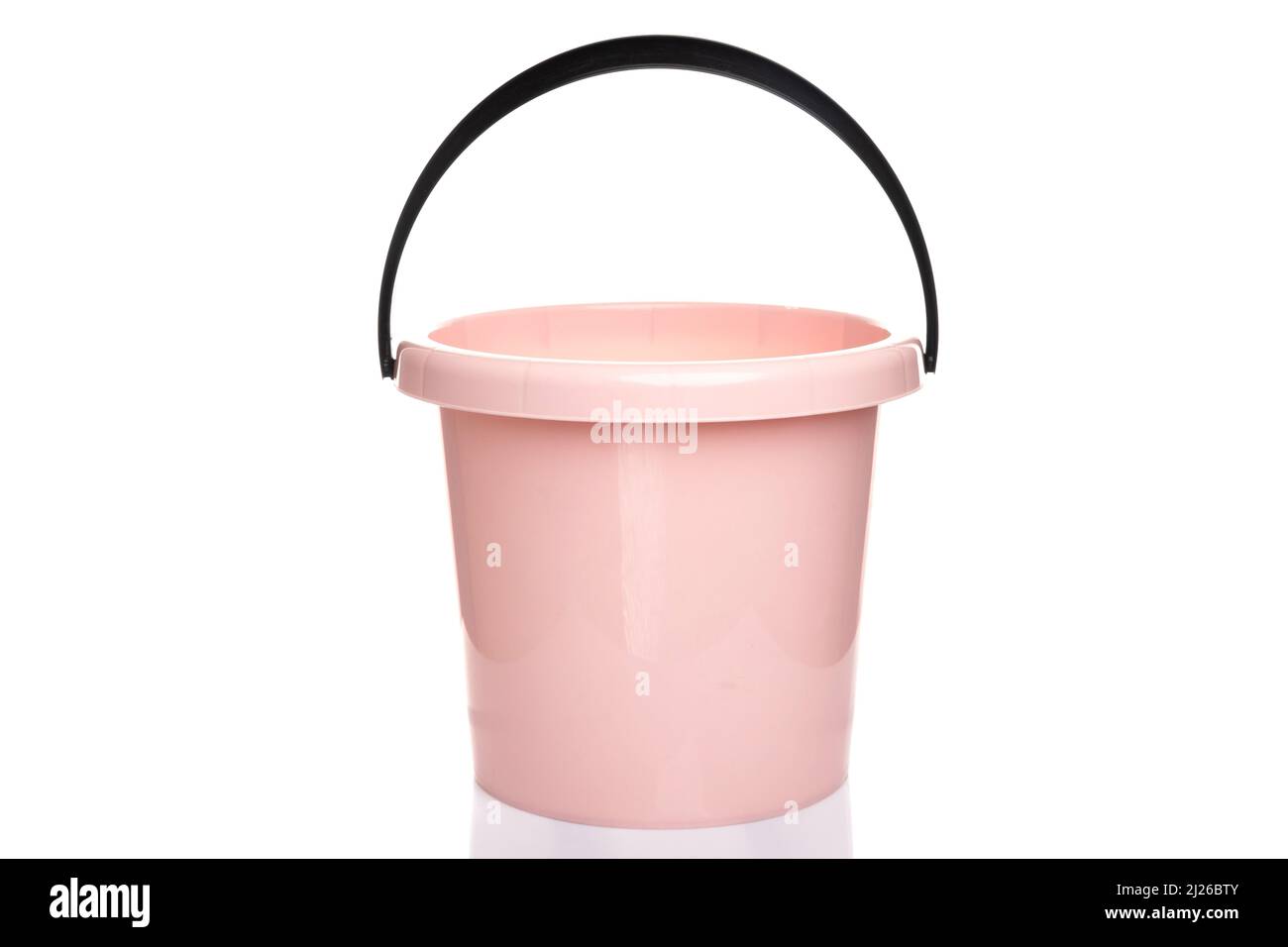 light blue plastic bucket with a black handle on a white background ...