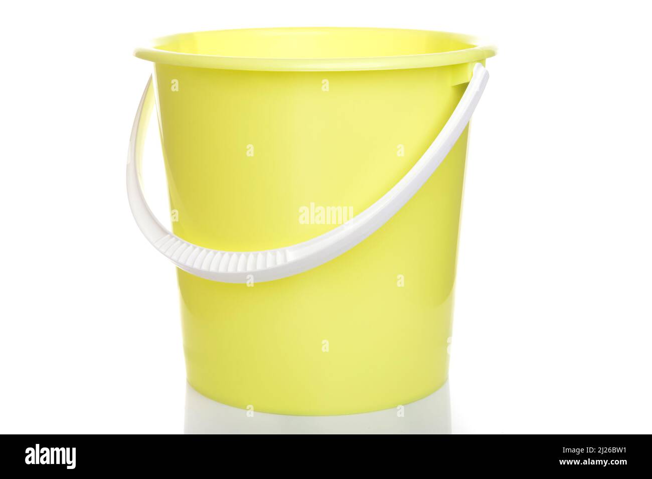 empty lemon-colored plastic bucket with white handle on isolated ...