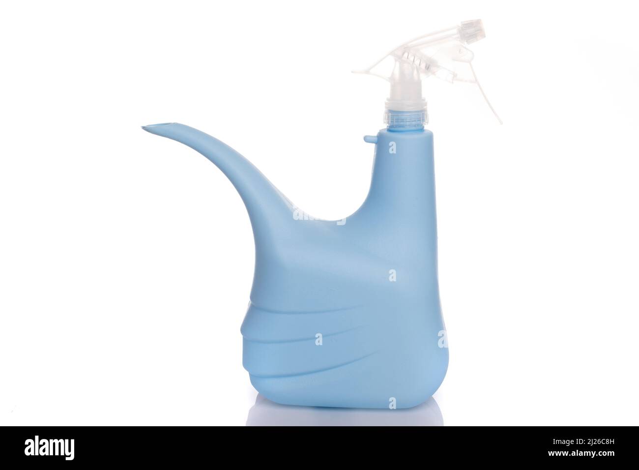 plastic light blue watering can with a sprayer on a white isolated ...