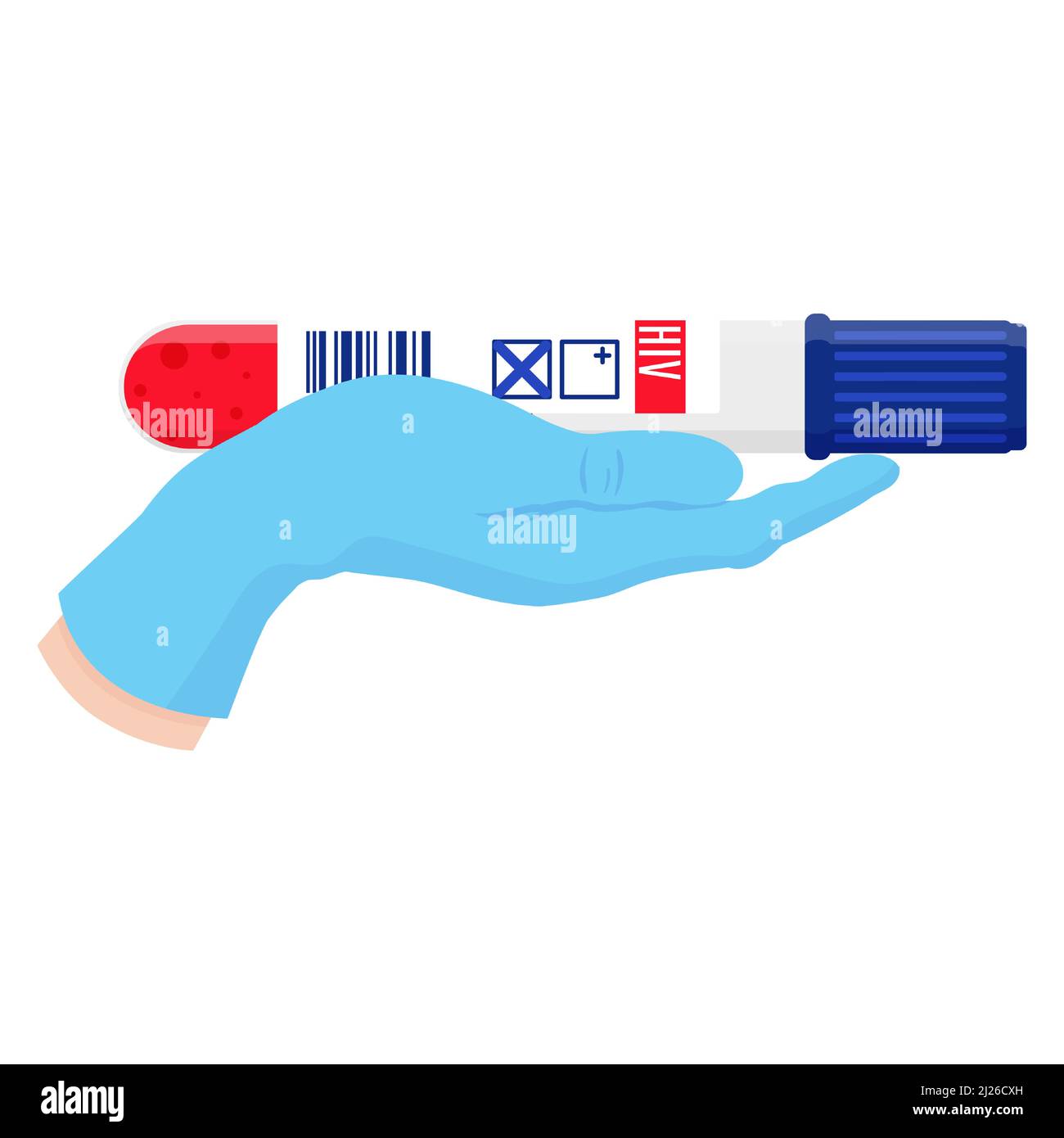 Vector cartoon doctors hand in blue glove holding test tube with blood ...