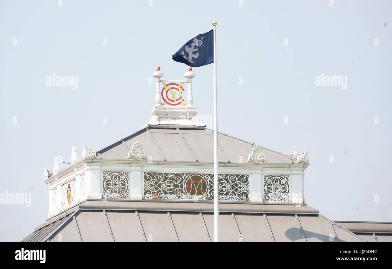 Harrow School flag is seen flying above the Lords Pavilion during the ...