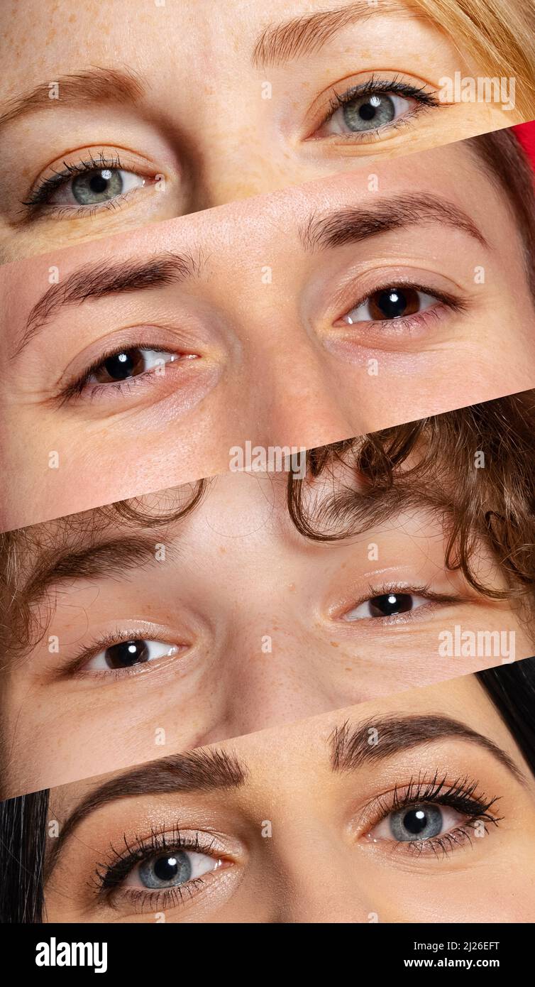 Vertical composite image of close-up male and female eyes. Concept of ...