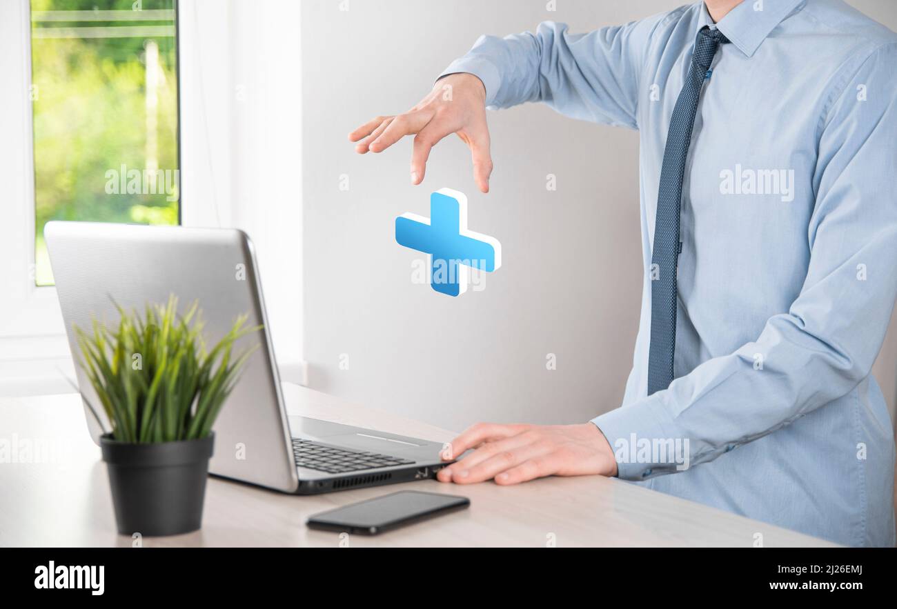 Businessman hold 3D plus icon, man hold in hand offer positive thing ...