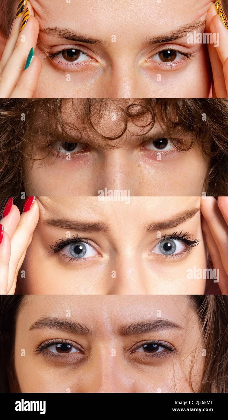 Vertical composite image of close-up male and female eyes. Concept of ...