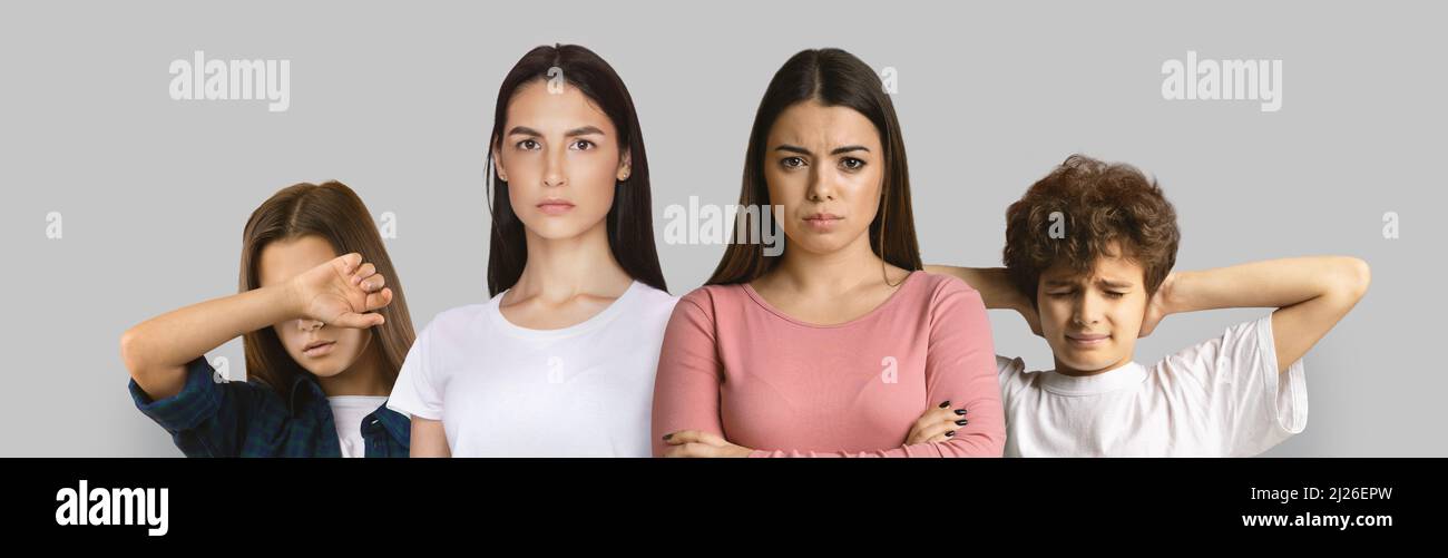 Two Young Women Standing Near Upset Scared Children Over Grey ...