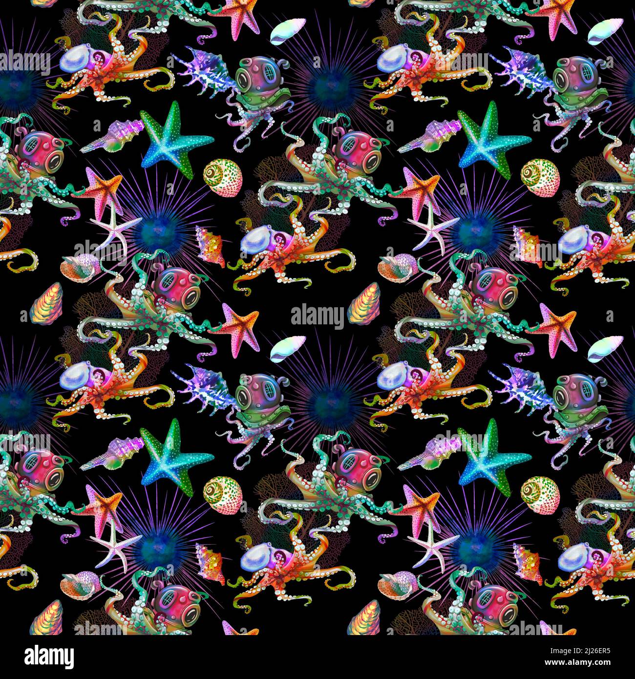 watercolor seamless drawing of sea creatures. Octopuses, starfish and ...