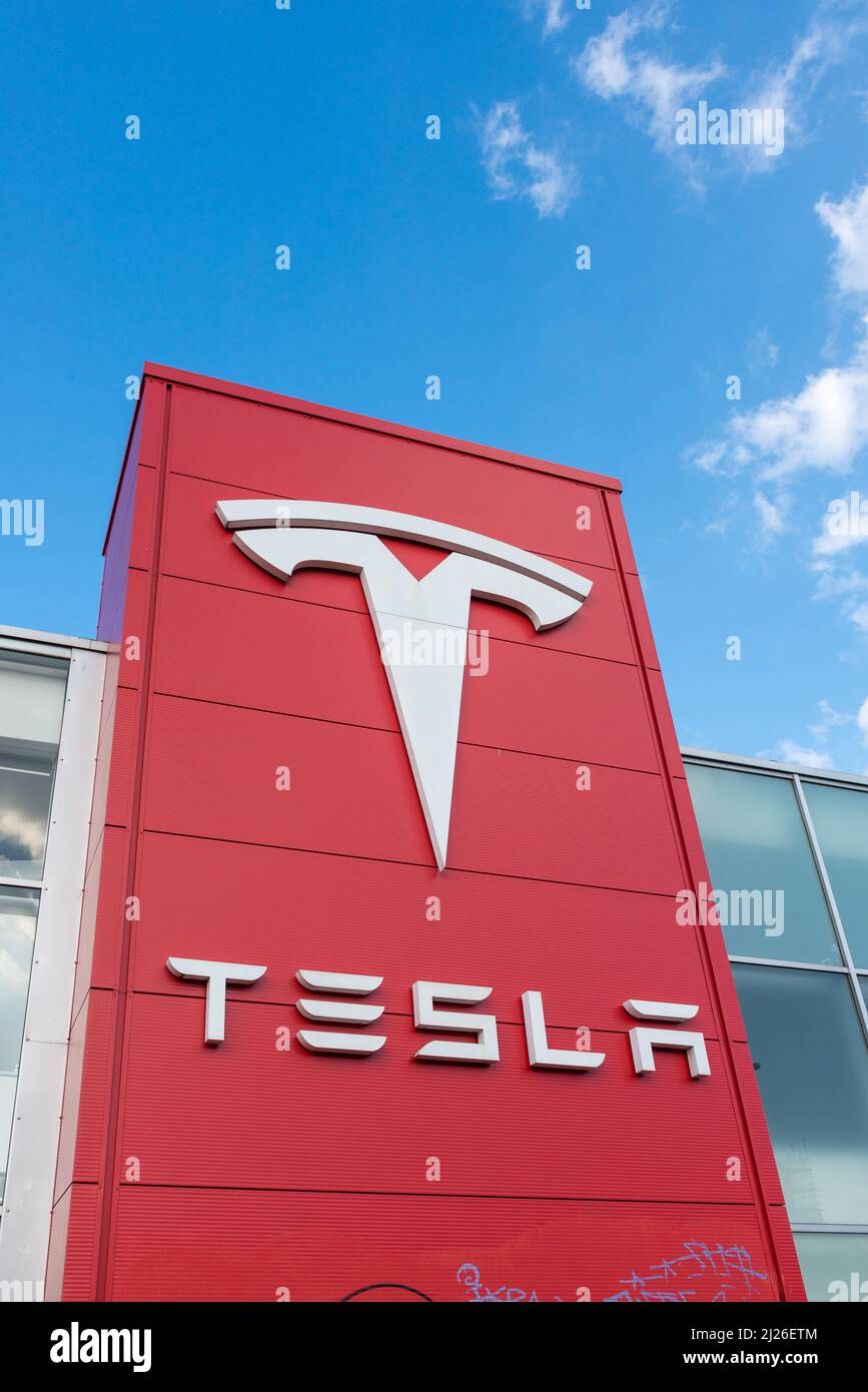Large Tesla sign outside a Tesla dealership in Digbeth, Birmingham, UK ...