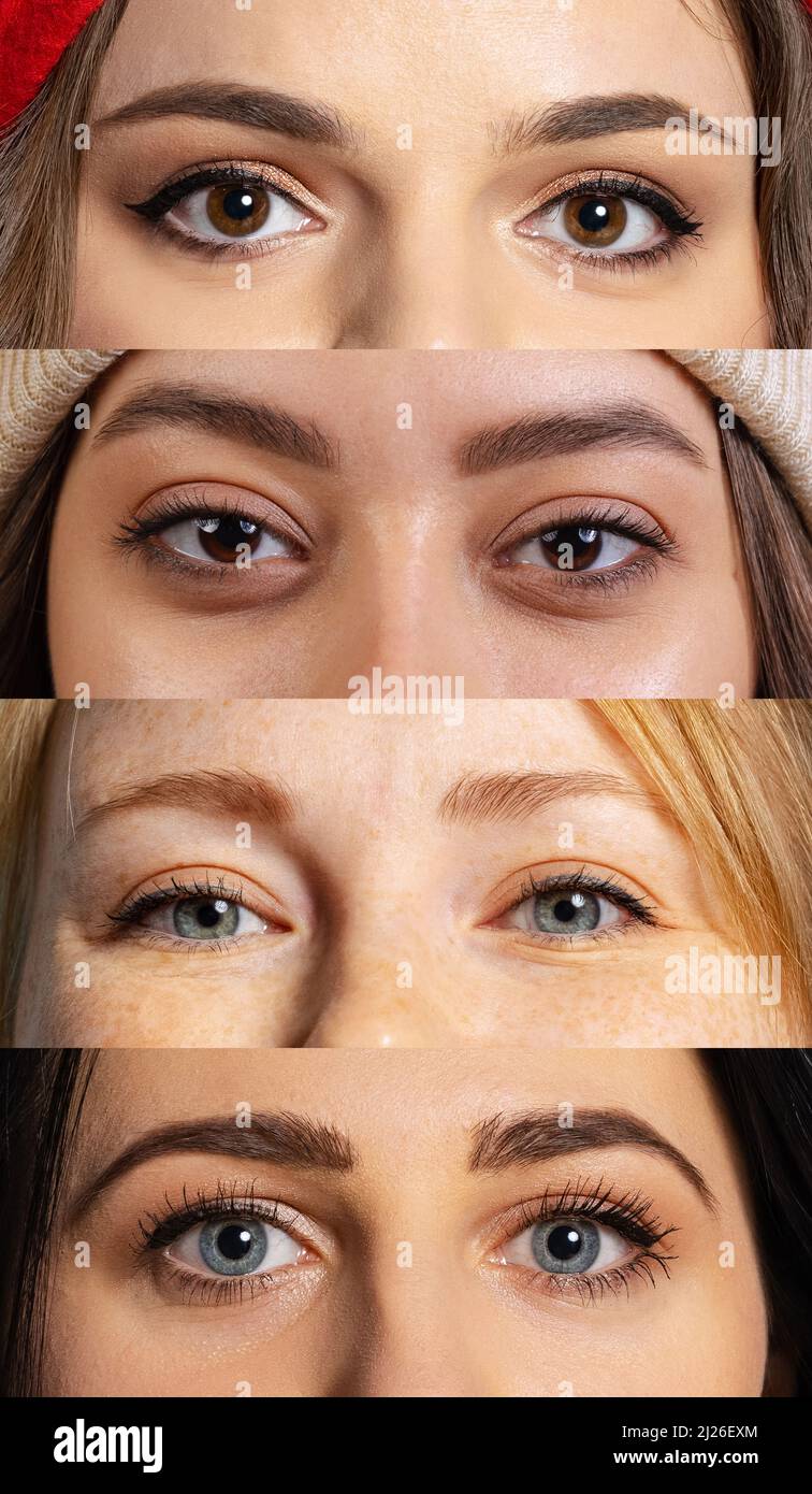 Vertical composite image of close-up female eyes with makeup. Concept ...