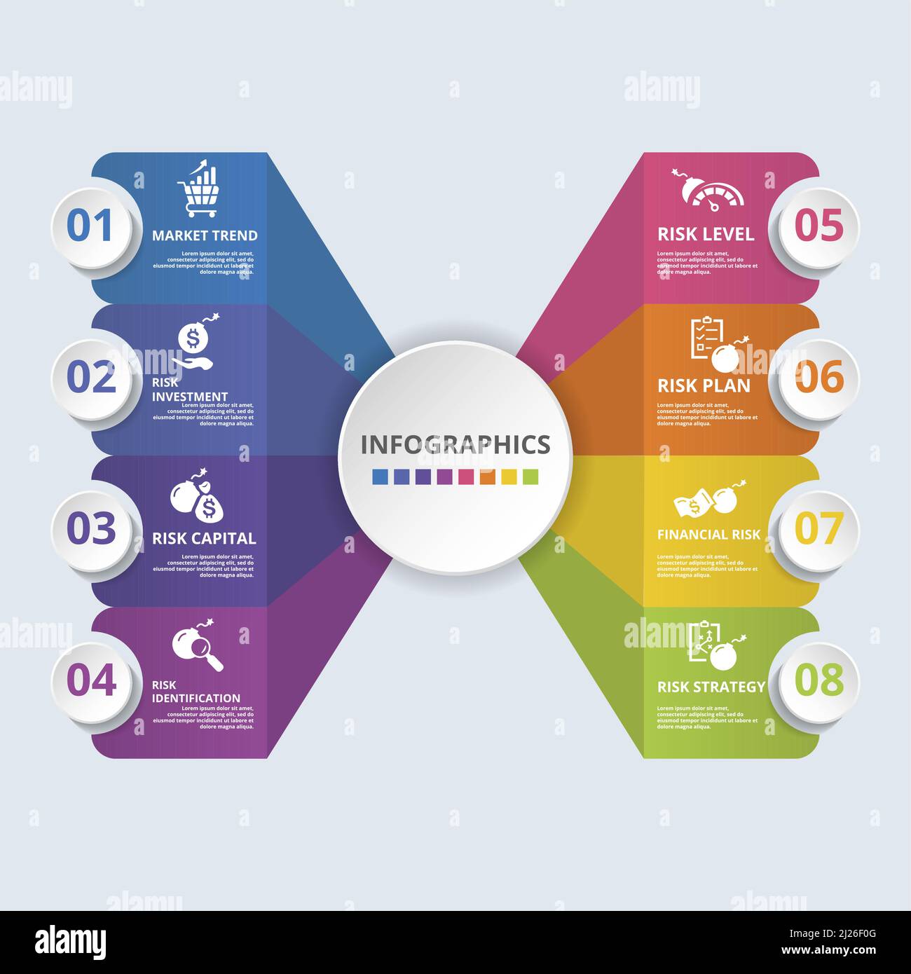 Infographic Risk Management icons vector illustration. 8 colored steps ...