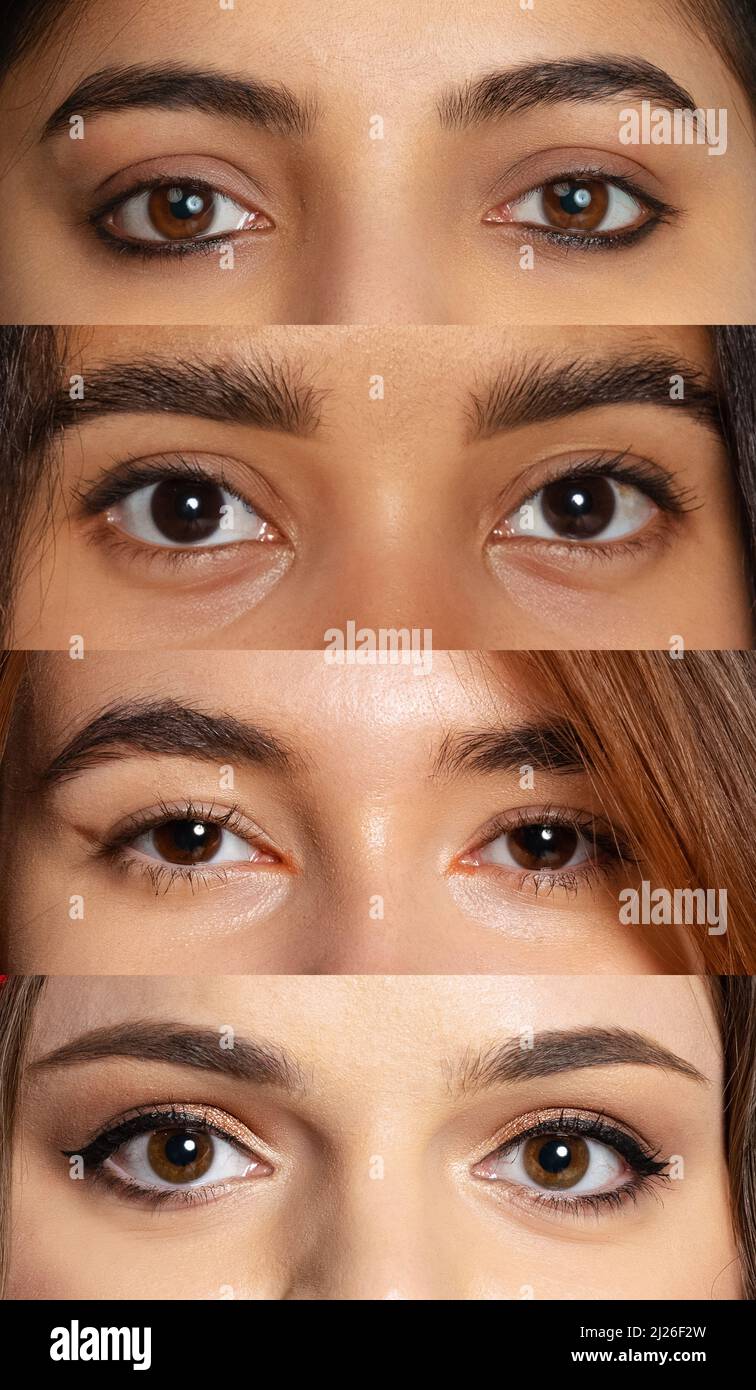 Vertical composite image of close-up female eyes with makeup. Concept ...
