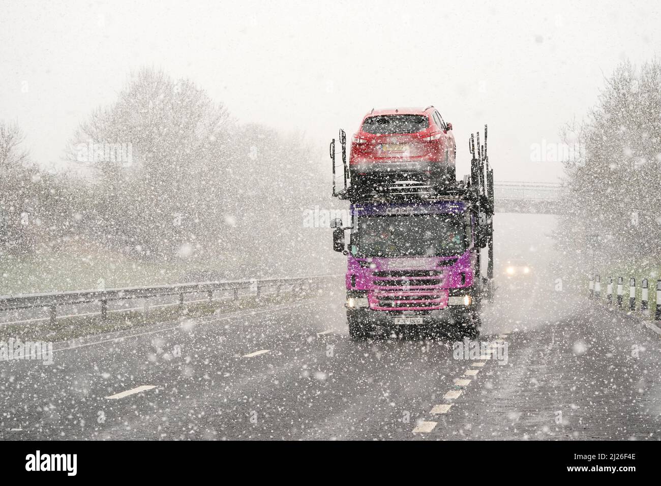 A lorry in snowy conditions on the A69 near Newscastle. Picture date ...