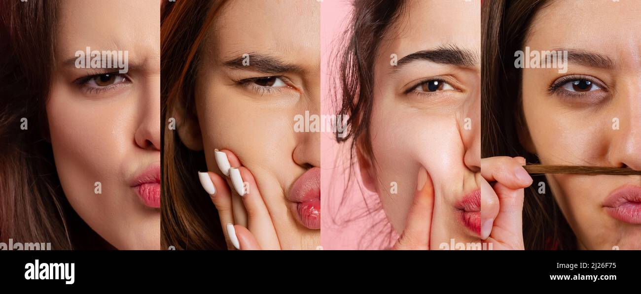 Composite image of close-up portraits of young beautiful girls making ...