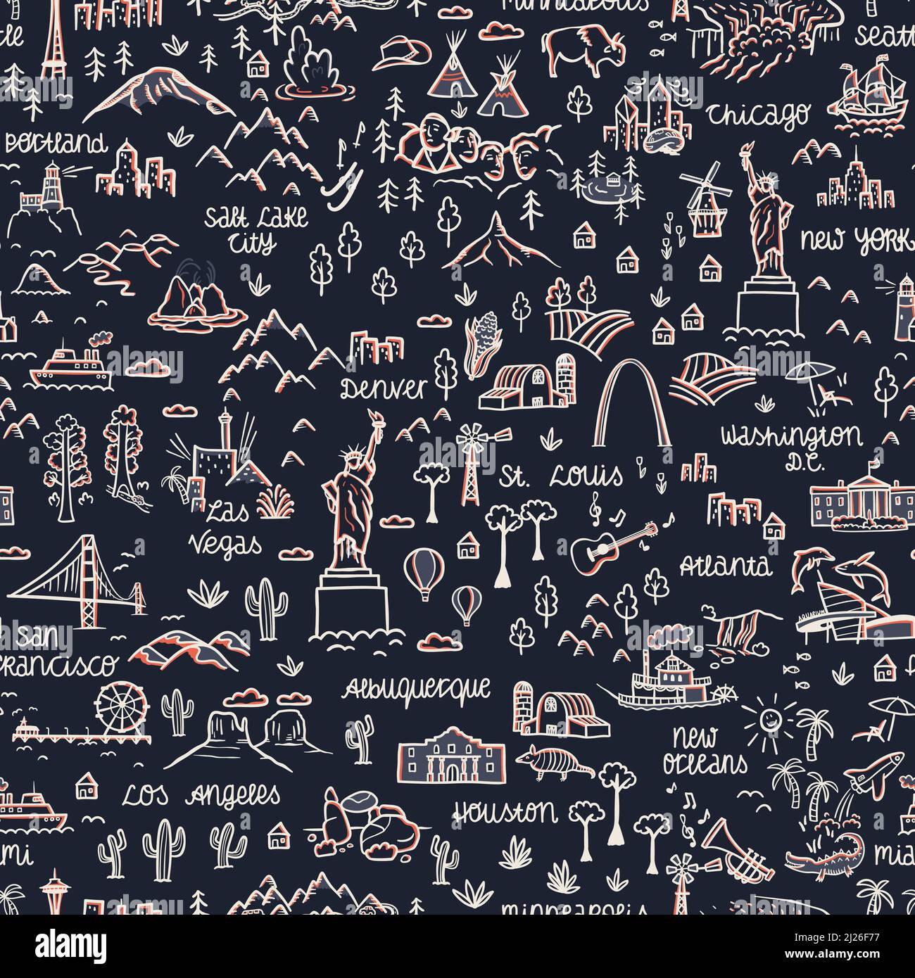 Lovely hand drawn usa seamless pattern with landmarks, national parks ...