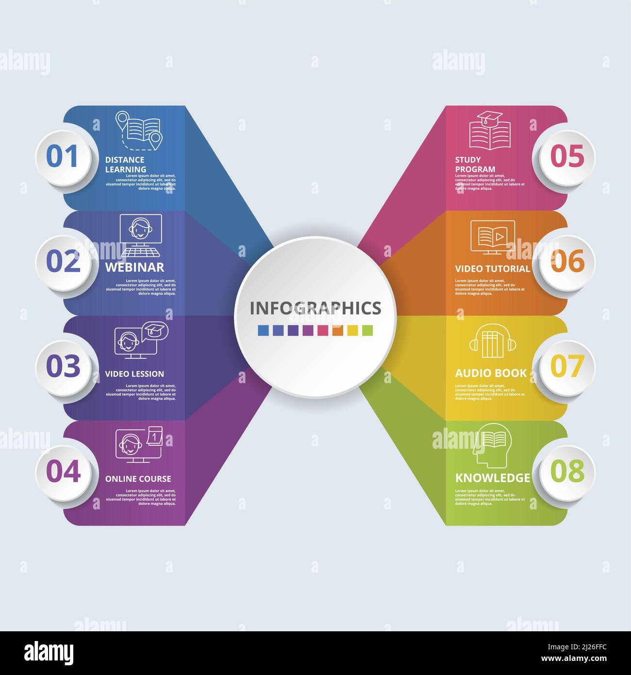 Infographic E-Learning icons vector illustration. 8 colored steps info ...