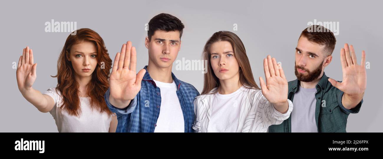 Group Of Young People Gesturing STOP While Posing On Grey Studio ...