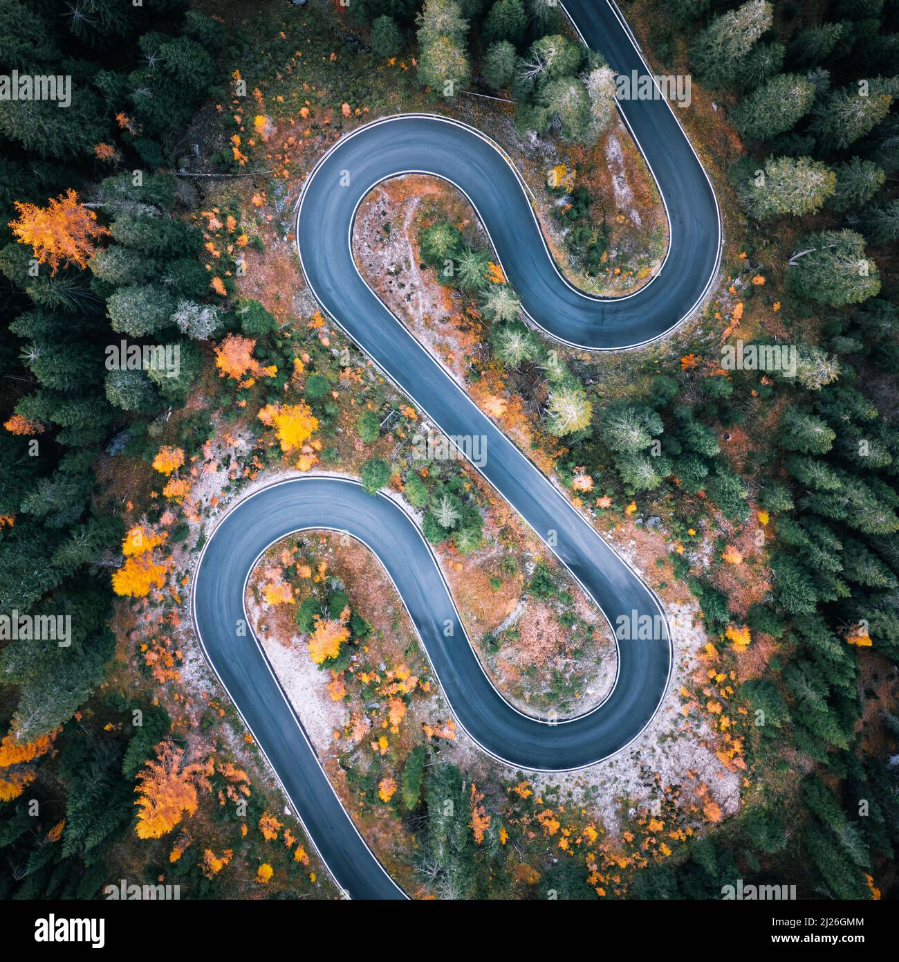Top aerial view of famous Snake road near Passo Giau in Dolomite Alps ...