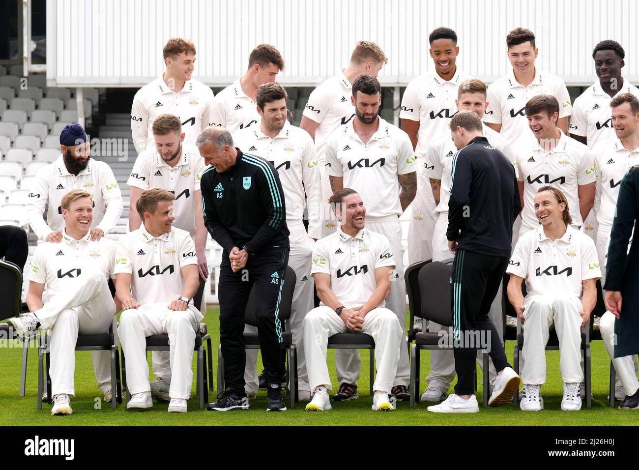 Surrey's Rory Burns and Tom Curran laugh as Director of cricket Alec ...
