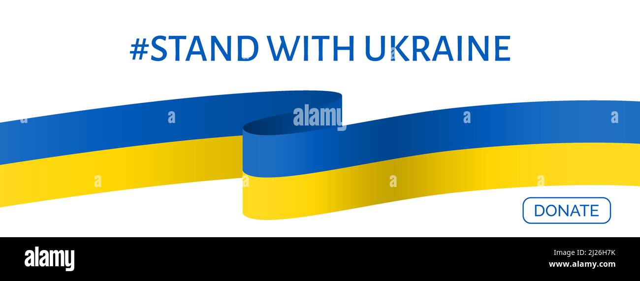 Stand with Ukraine. Vector long banner with ukrainian flag and donate ...