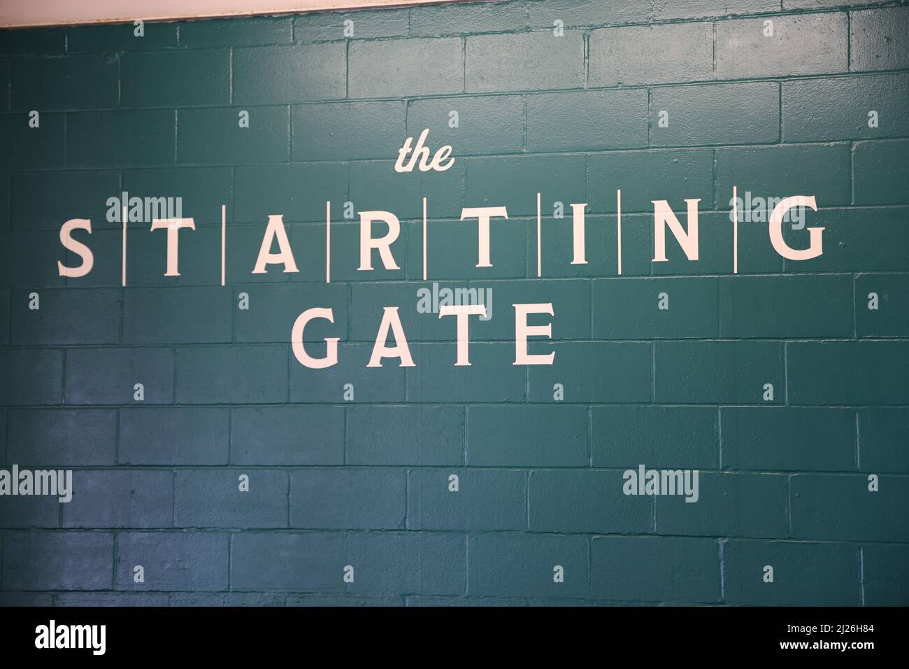A closeup shot of the Starting Gate written on the green brick wall ...