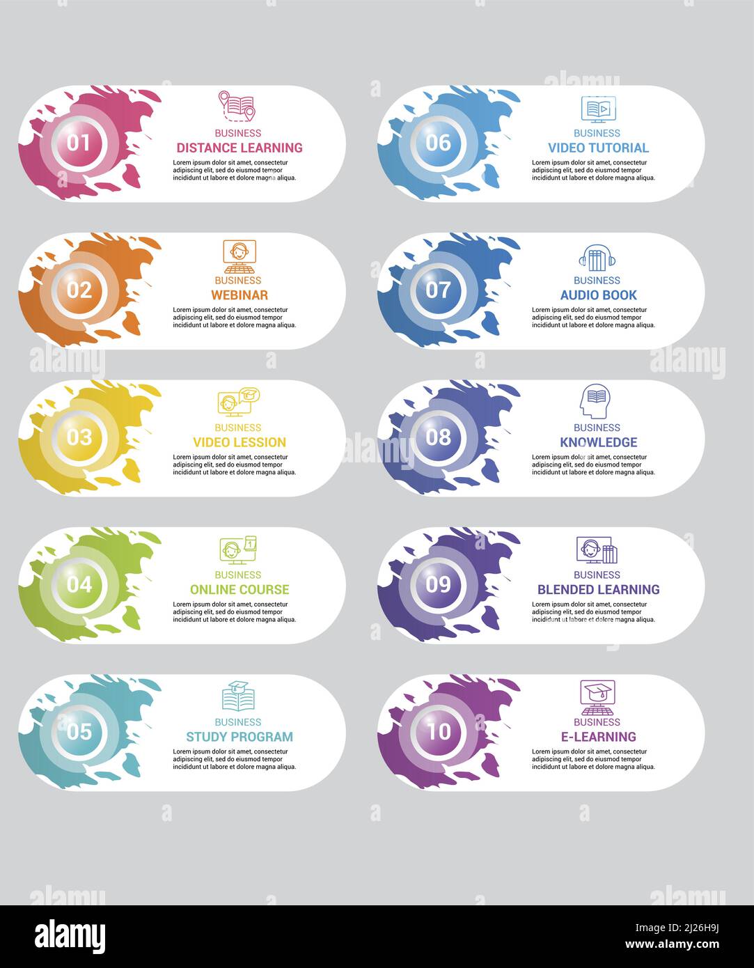 Infographic E-Learning icons vector illustration. 10 colored steps info ...