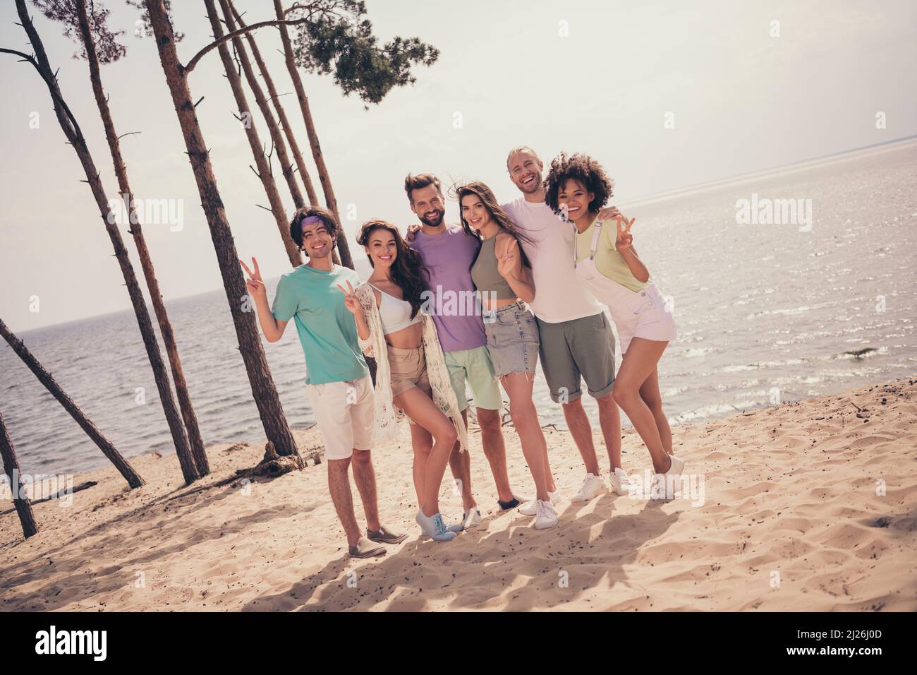 Photo of six people gathering cuddle posing show v-sign enjoy summer ...