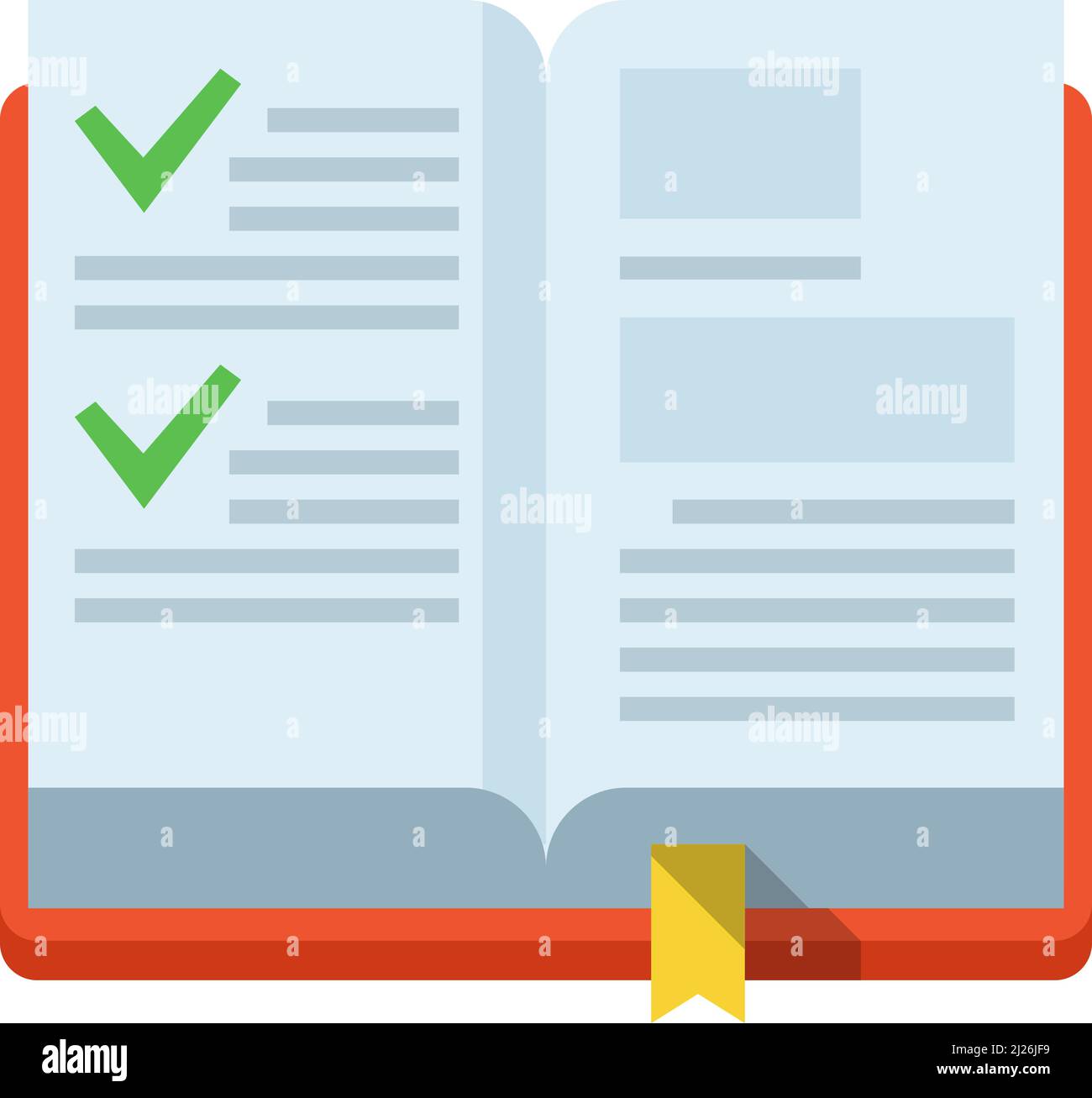 Open book with green check marks on pages. Complete study concept Stock ...