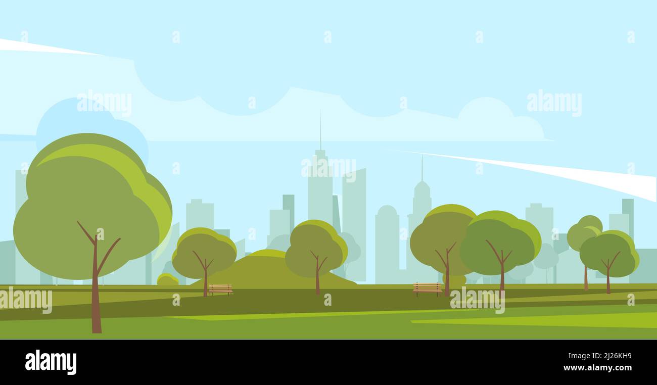 Park landscape. City green area with buildings on background Stock ...
