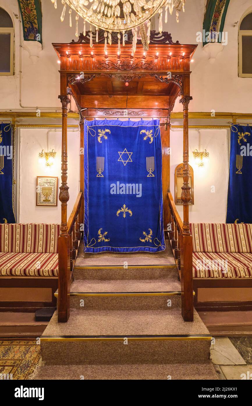 The holy ark, holding the torah at the Bikur Holim Jewish synagogue. In ...
