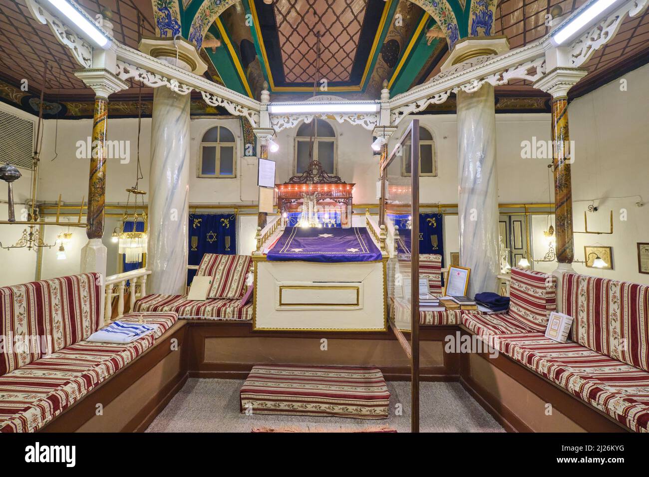 The centrally placed square bima at the Bikur Holim Jewish synagogue ...