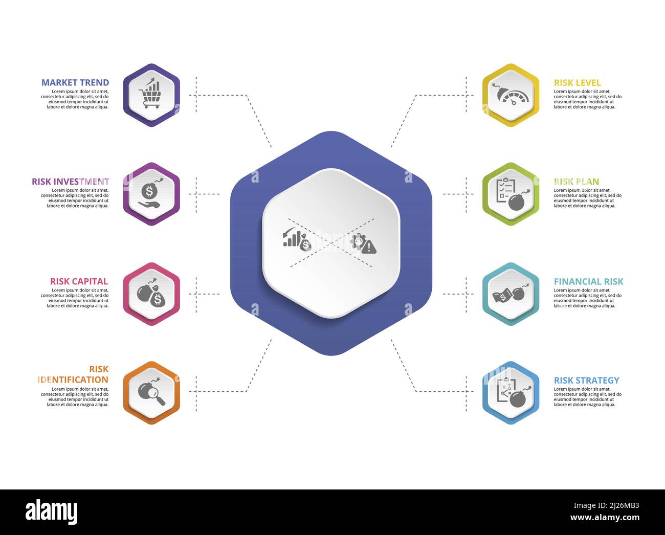 Infographic Risk Management icons vector illustration. 8 colored steps ...
