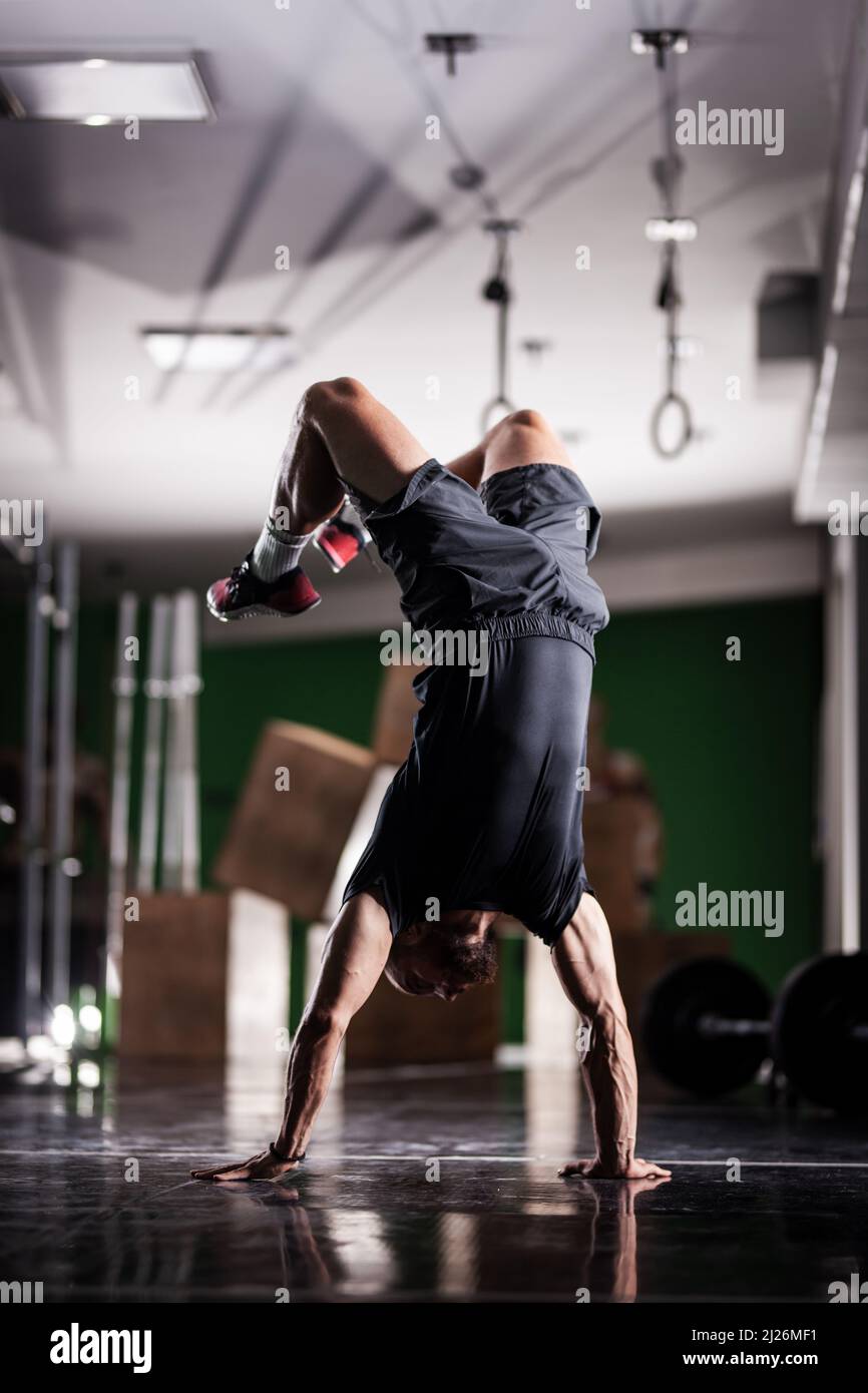 Muscular athlete standing and walking on hands upside down Stock Photo ...