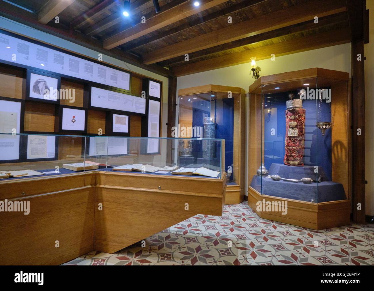 Gallery display space of artifacts at Beit Hillel synagogue museum. In ...