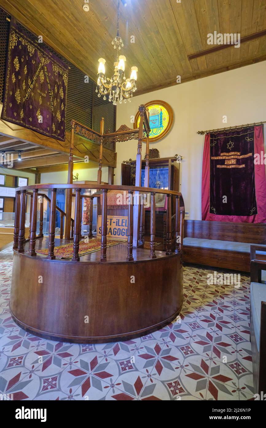 The round wood bima at Beit Hillel synagogue museum. In Izmir, Turkey ...