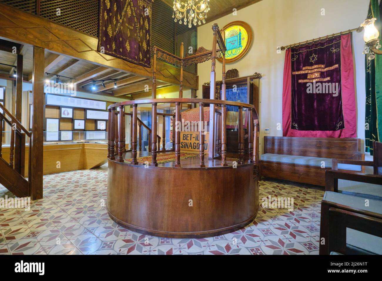 The round wood bima at Beit Hillel synagogue museum. In Izmir, Turkey ...