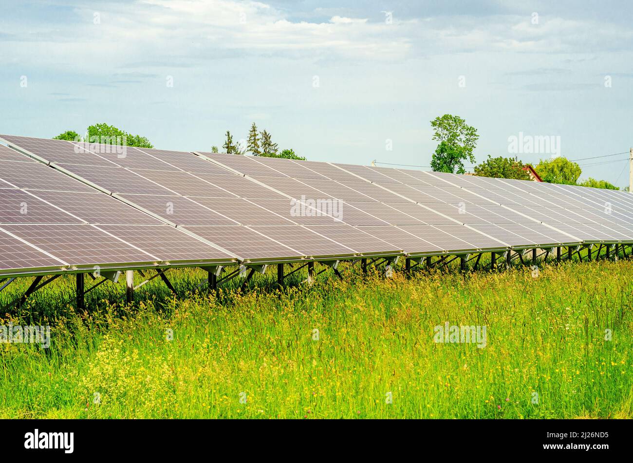 Green field with solar panels. Alternative energy Stock Photo - Alamy