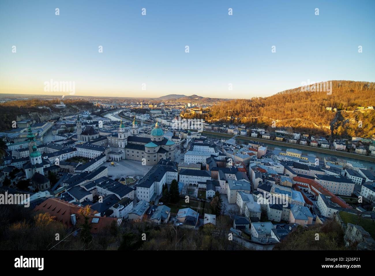 Colorful evening cityscape. Panoramic view on historic city of Salzburg ...