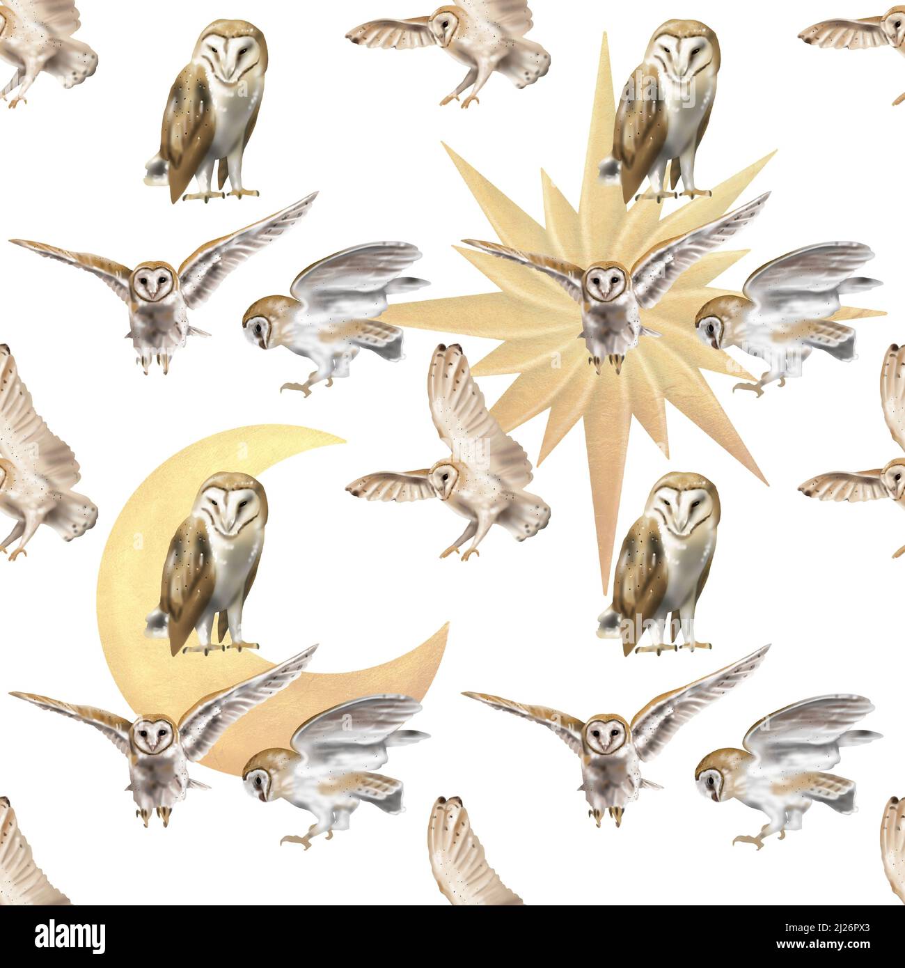 Watercolor Seamless pattern flying owl barn owl. A realistic ...