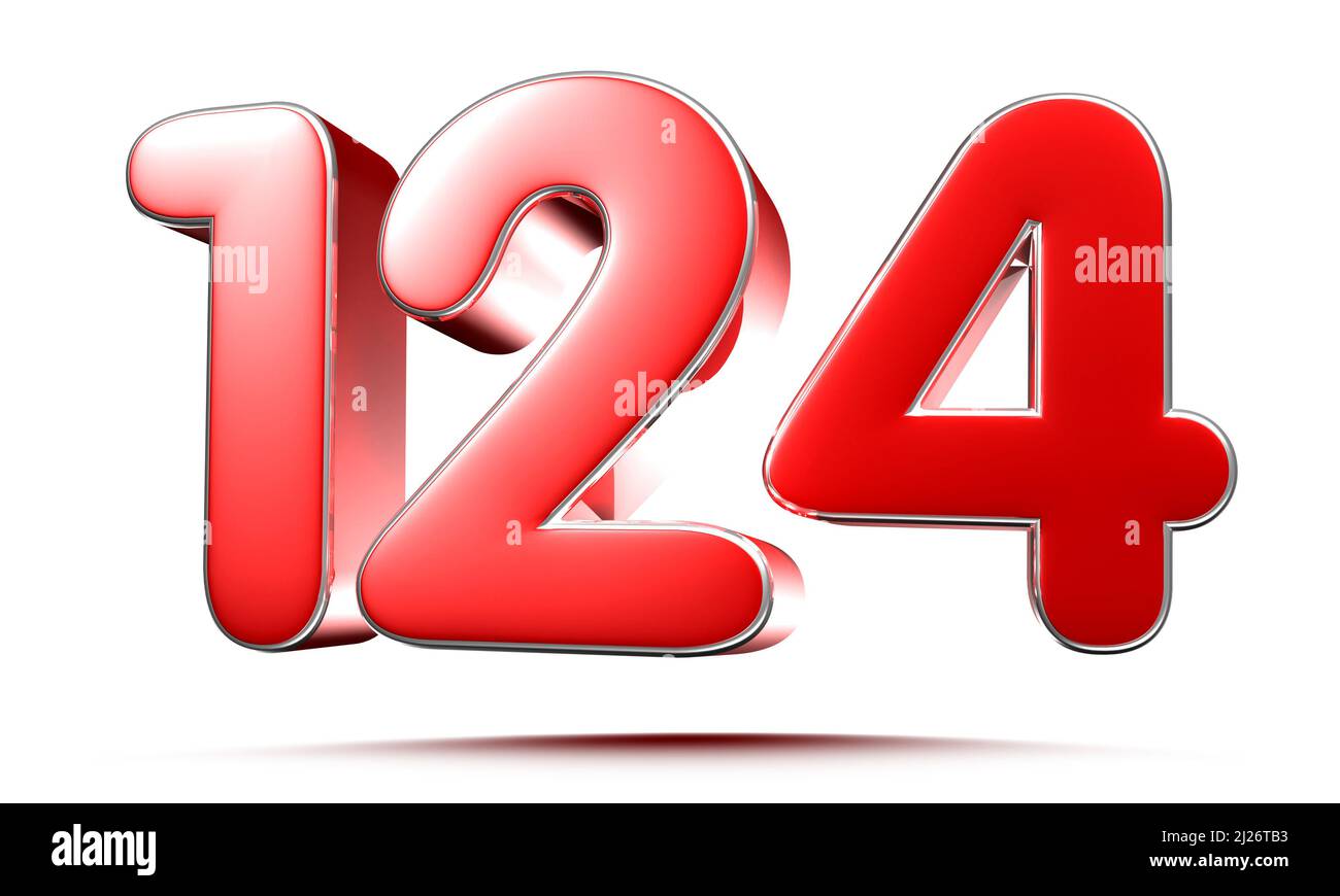Rounded red number 124 on white background 3D illustration with ...