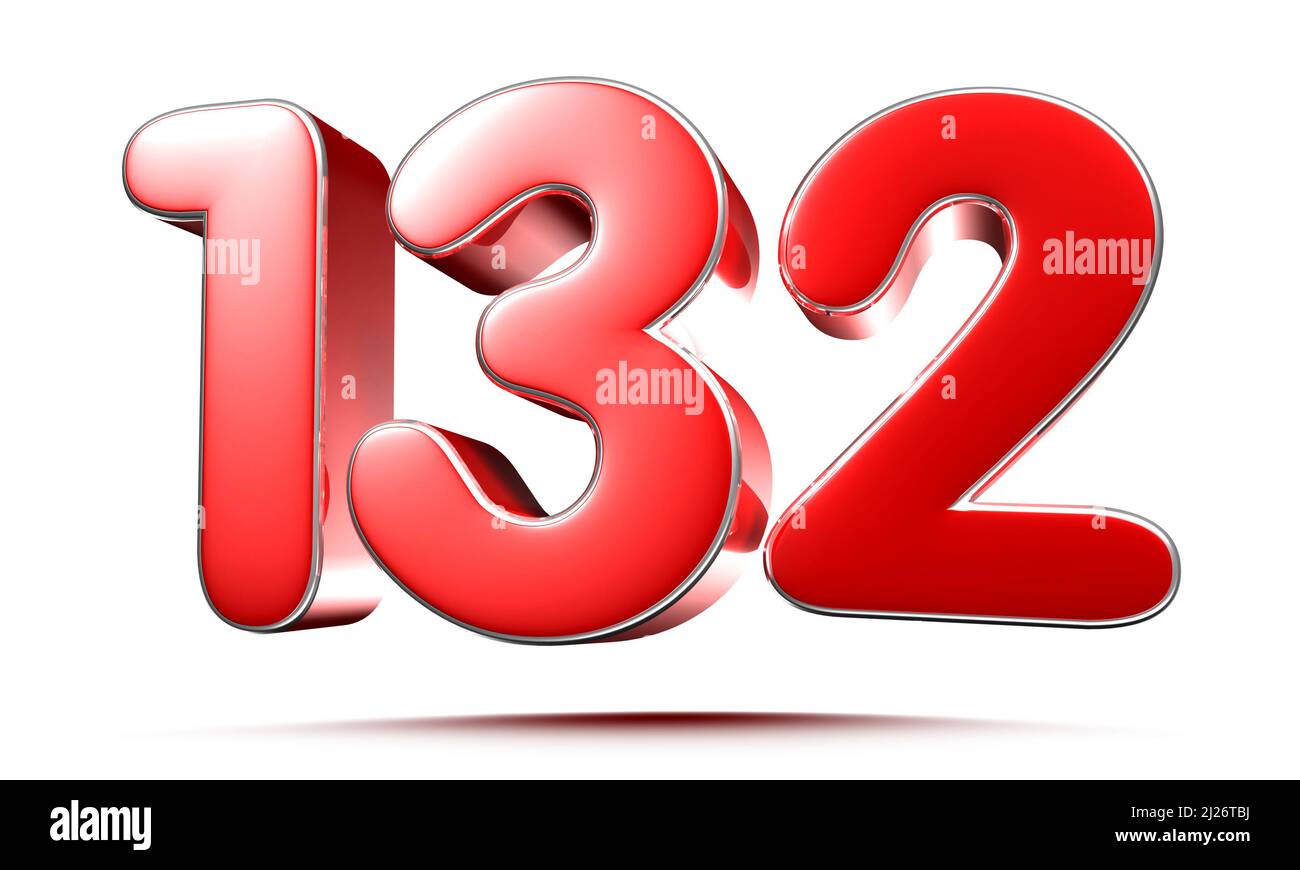 Rounded red number 132 on white background 3D illustration with ...
