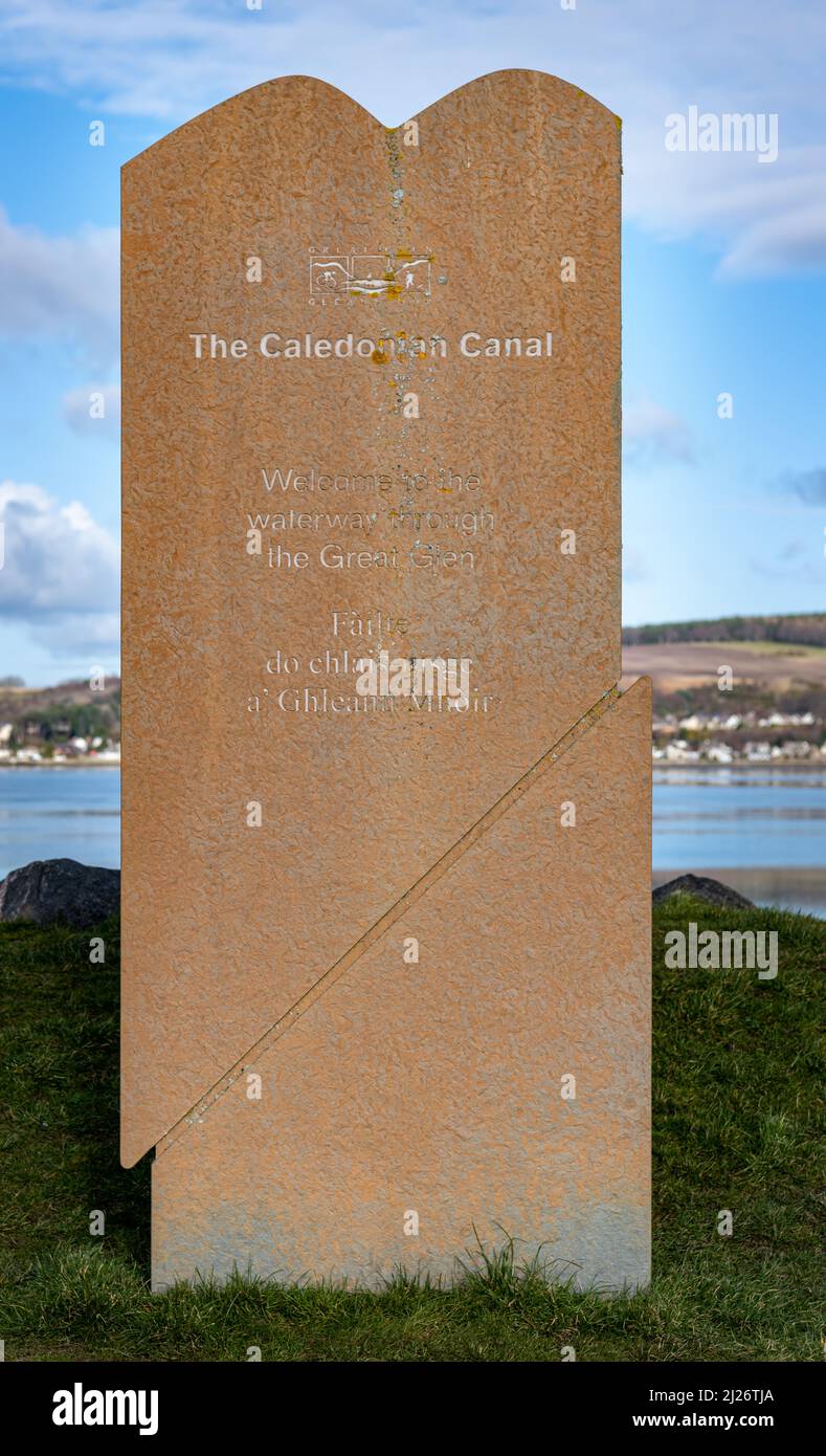 Stone sign marking the start and end of The Caledonian Canal, Inverness ...