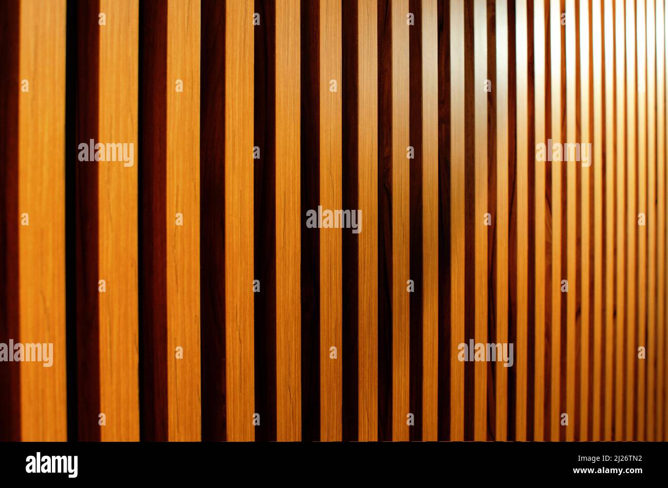 Wooden slats on wall in modern interior. Abstract background. Wooden ...
