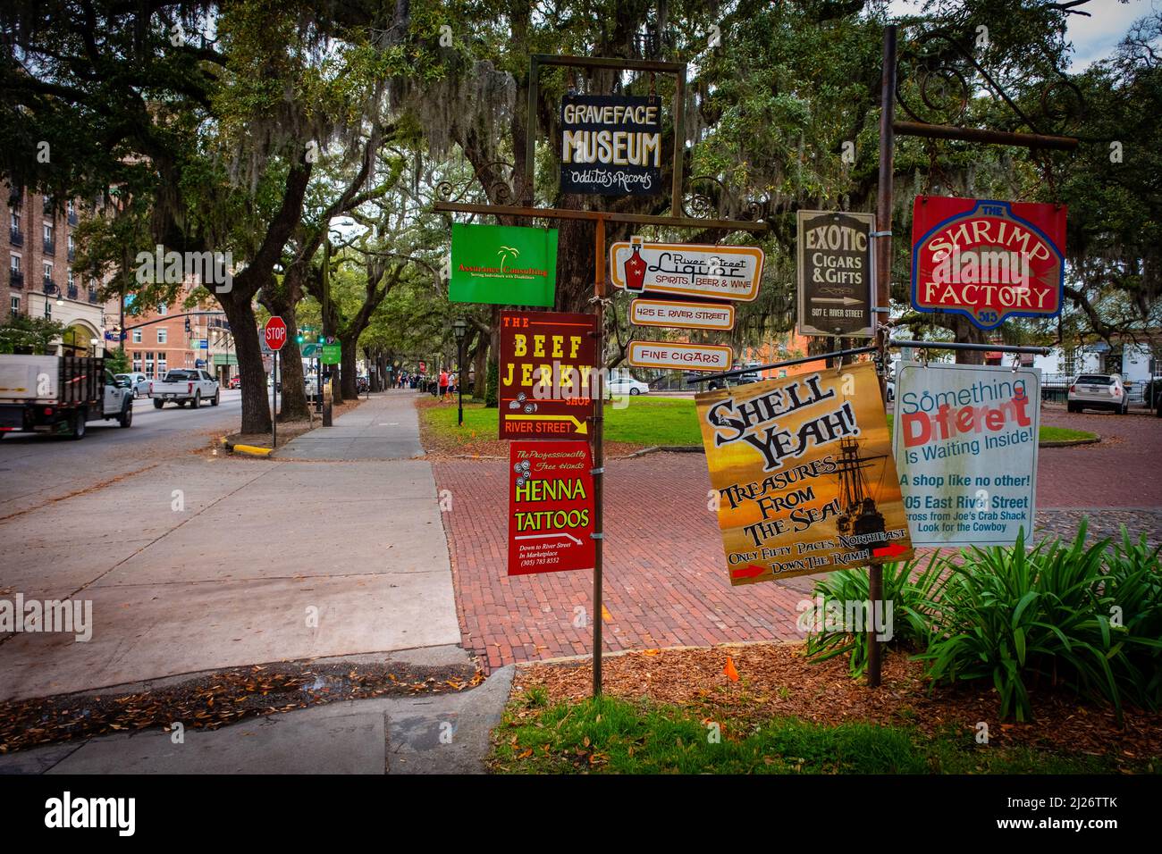 Savannah, Georgia, USA - March 9, 2022. .Signs for local businesses in ...