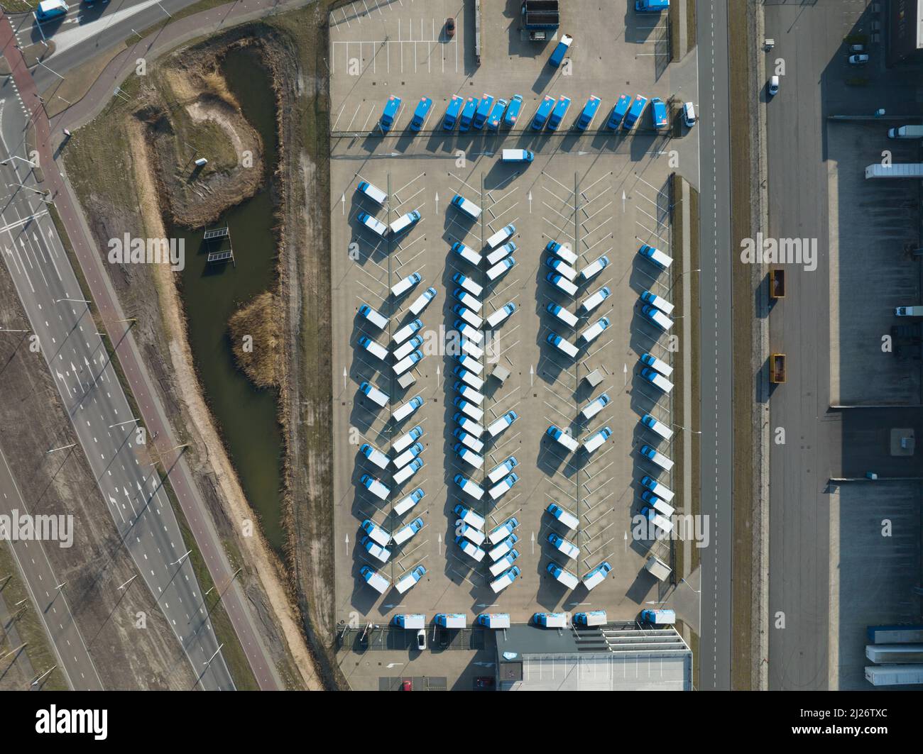 Top down supply chain distribution logistics depot. Aerial drone view ...
